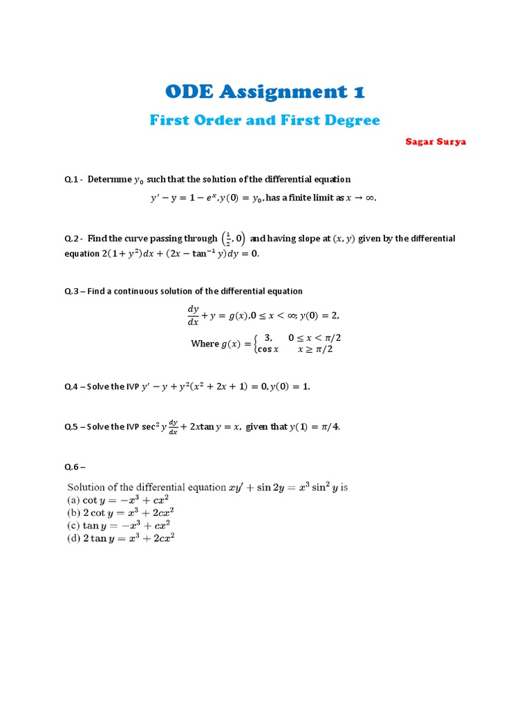 ODE Assignment 1 - Frist Order and Degree | PDF