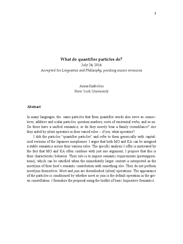 Szabolcsi What Do Quantifier Particles Do 7-24-14 | PDF | Morphology (Linguistics) | Word