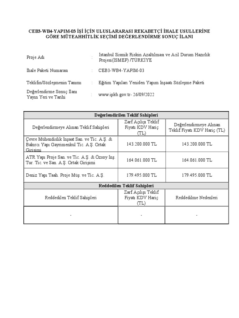 CEB3 WB4 YAPIM 03 Ihale Degerlendirme Sonuc Ilani TREng 2 | PDF