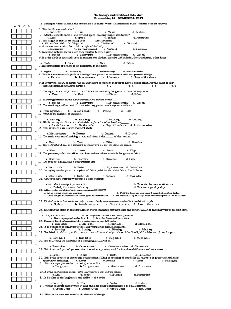 Remedial Test | PDF | Seam (Sewing) | Clothing