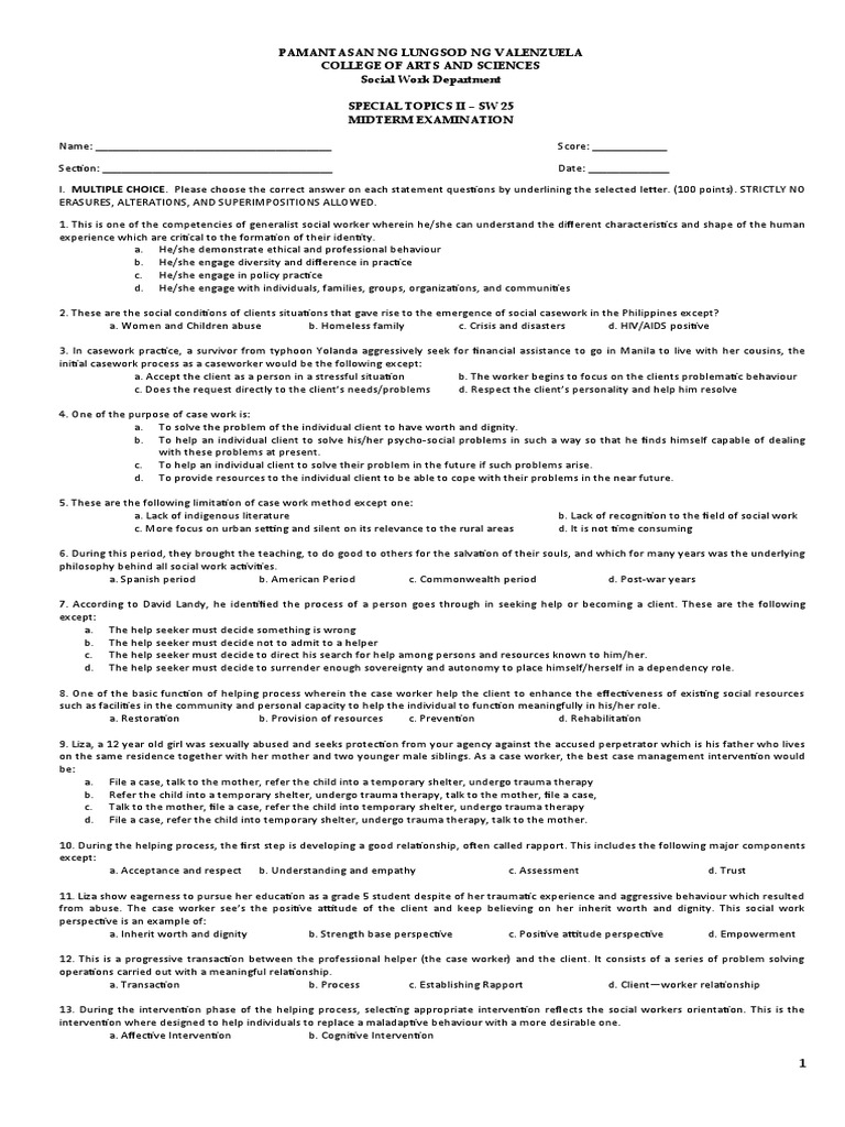 SW 25 - MIDTERM EXAMINATION STUDENTS COPY Underline | PDF | Psychotherapy | Social Work