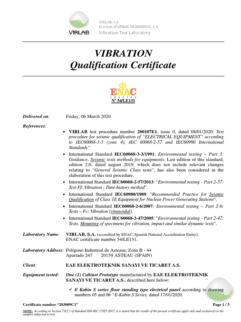 E Kabin S Seismic Qualification Certificate | PDF | Spectrum | Electrical Engineering