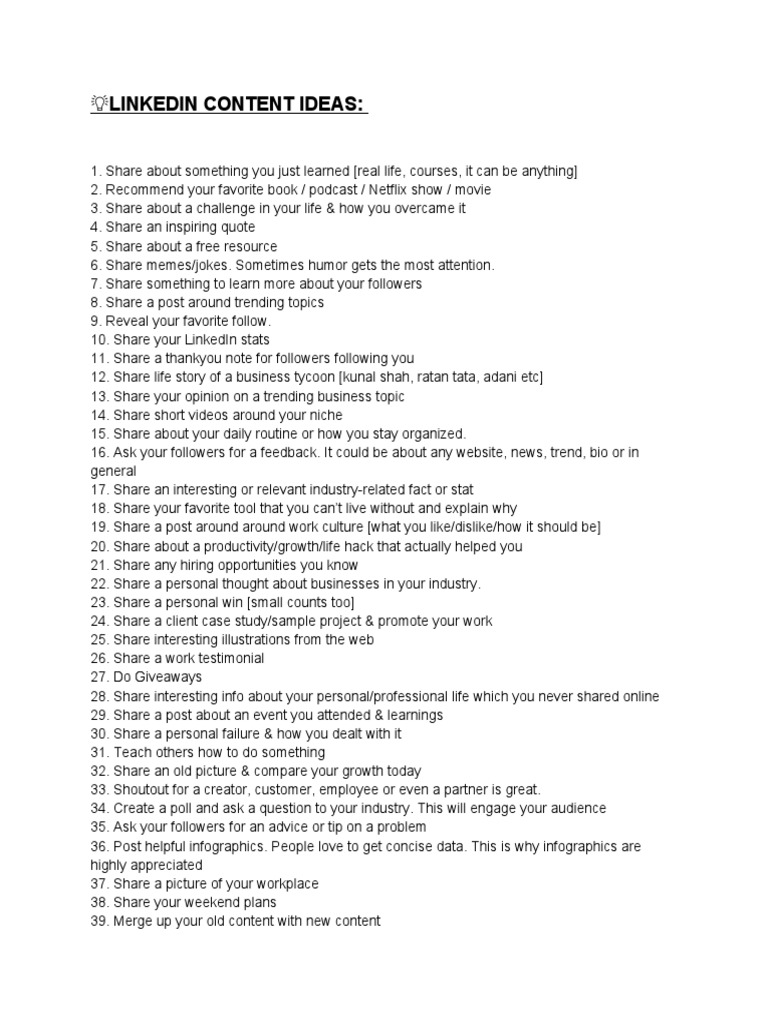 Engaging LinkedIn Content Ideas | PDF | Communication | Mass Media