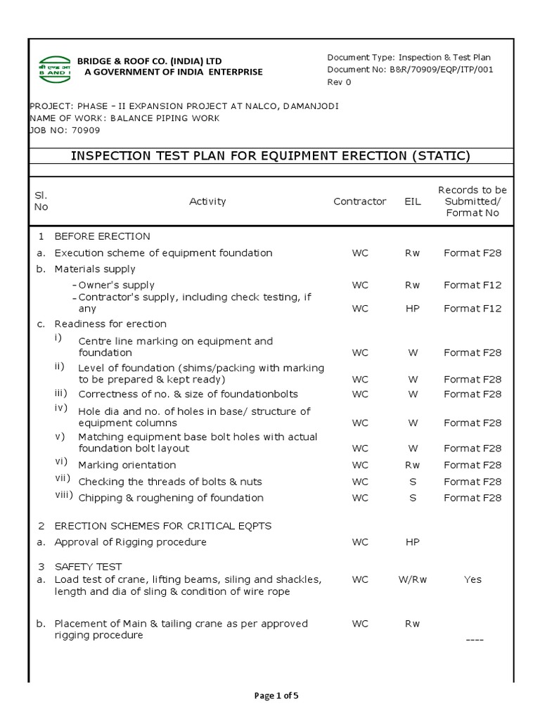 Inspection and Test Plan for Equipment Erection (Static) at the Phase ...