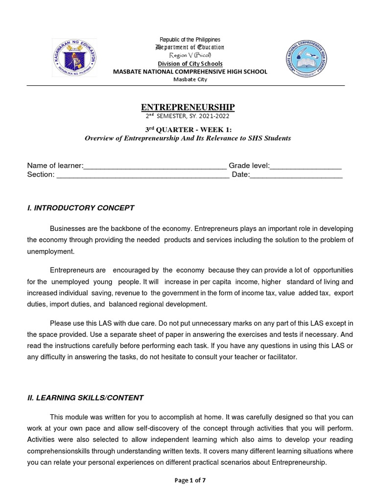 Entrepreneurship LAS Lesson-1 - Week-1 | PDF | Entrepreneurship | Economies