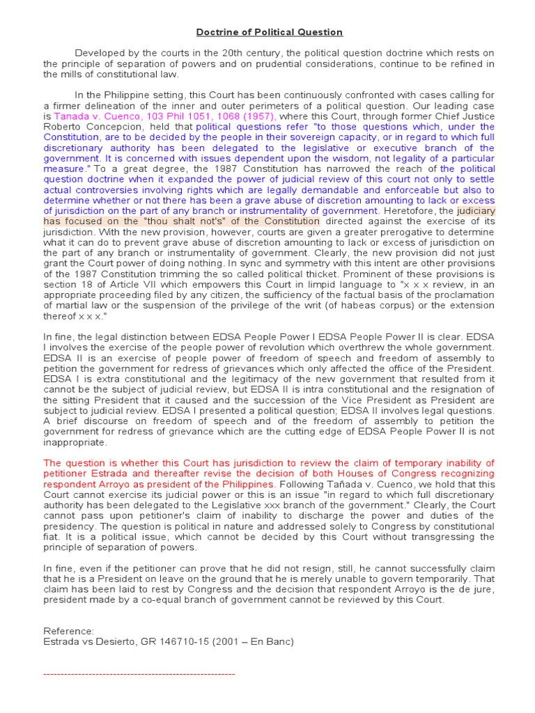 Doctrine of Political Question | PDF | Jurisdiction | Separation Of Powers