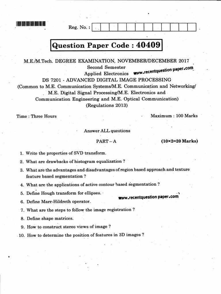 DS7201 Advanced Digital Image Processing University Question Paper Nov ...