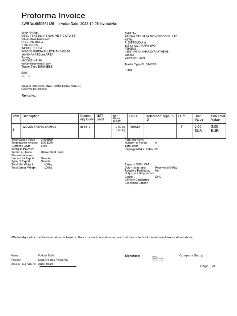 Athina Parnasa Proforma Inv | PDF | Value Added Tax | Invoice