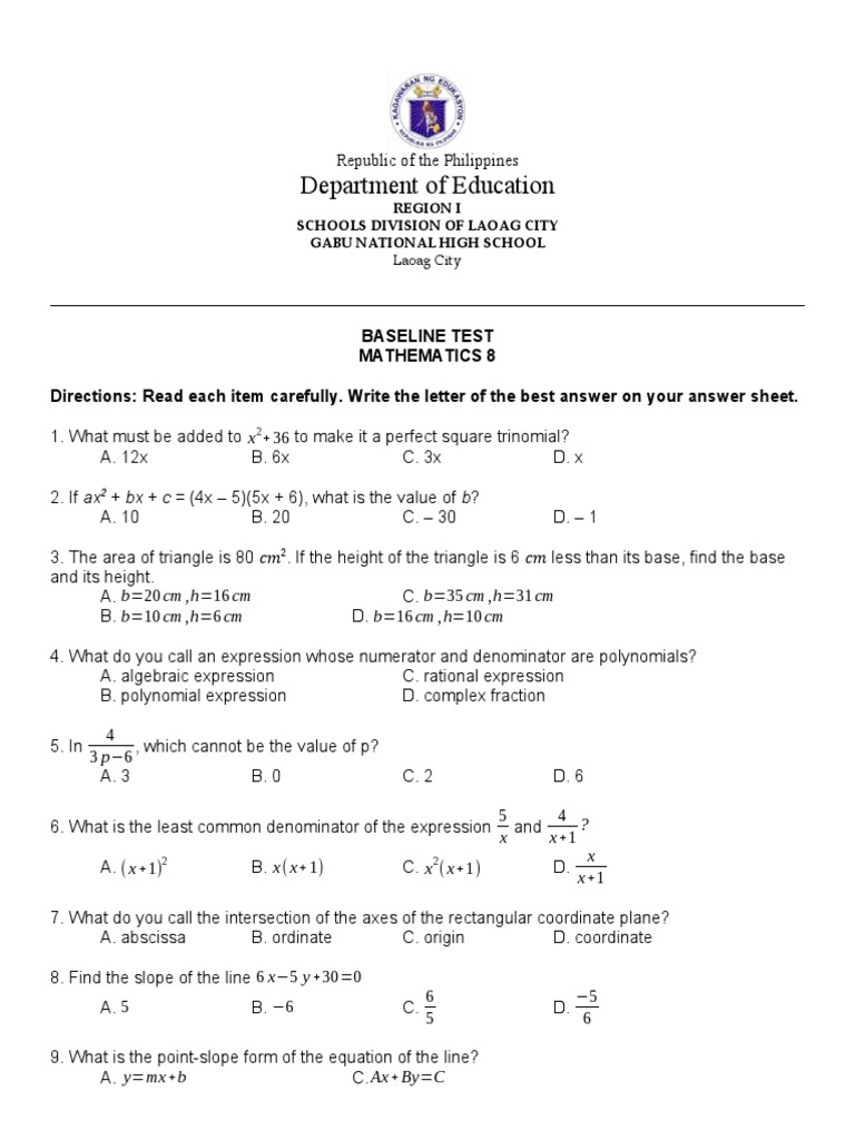 Diagnostic Test - Math 8 | PDF | Line (Geometry) | Angle