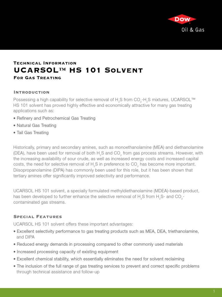 812 00117 01 Ucarsol Hs 101 Solvent For Gas Treating Application | PDF | Chemistry | Materials