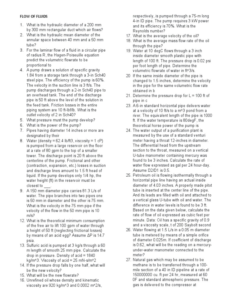 Flow of Fluids Quiz | PDF | Pump | Dynamics (Mechanics)