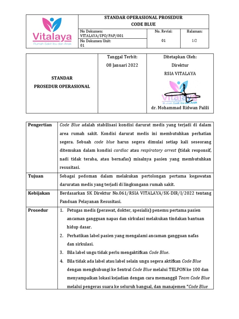 SOP Code Blue RSIA Vitalaya | PDF