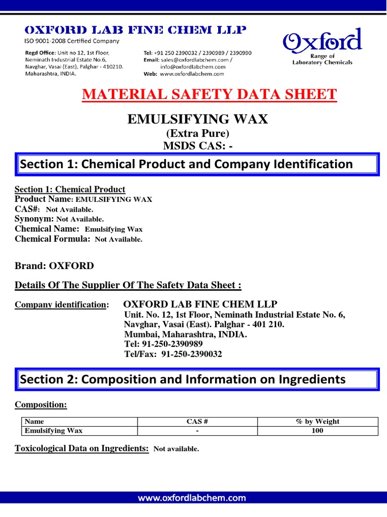 Emulsifying Wax (Cetearyl Alcohol, Potassium Cetyl Phosphate) | PDF ...