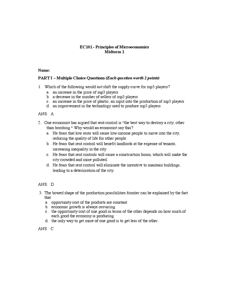 EC101 Microeconomics Midterm Exam Guide | PDF | Economic Surplus ...