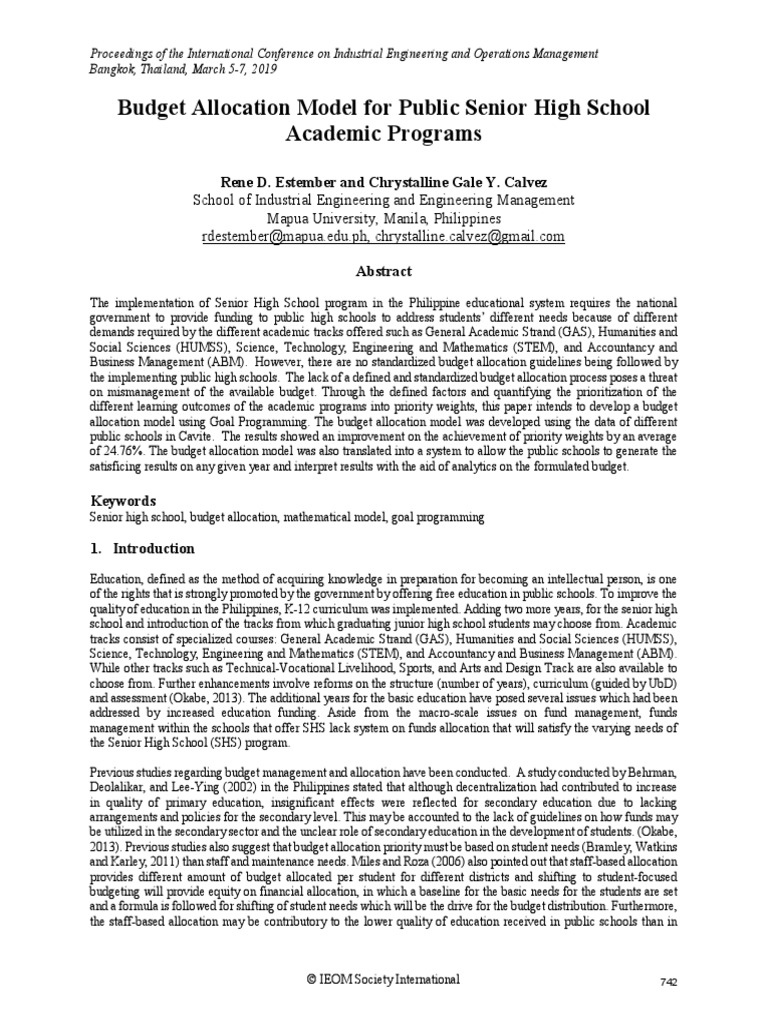 Budget Allocation Model For Public Senior High School Academic Programs ...