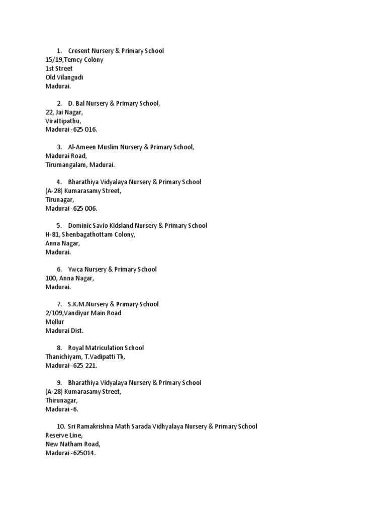 List of Schools in Madurai | PDF | Educational Institutions | Educational Stages