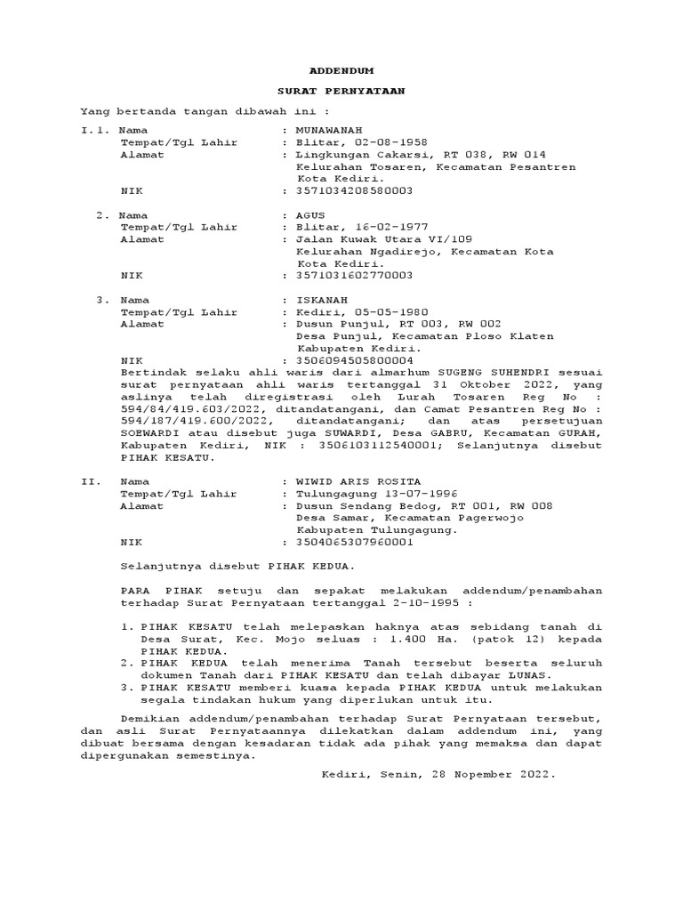 Addendum Surat Pernyataan Waris | PDF