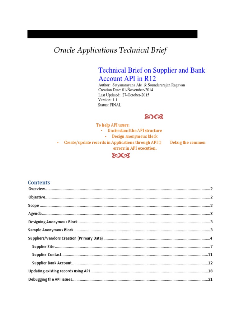 Technical Brief On Supplier and Bank Account API in R12 | PDF | Debugging | Oracle Corporation
