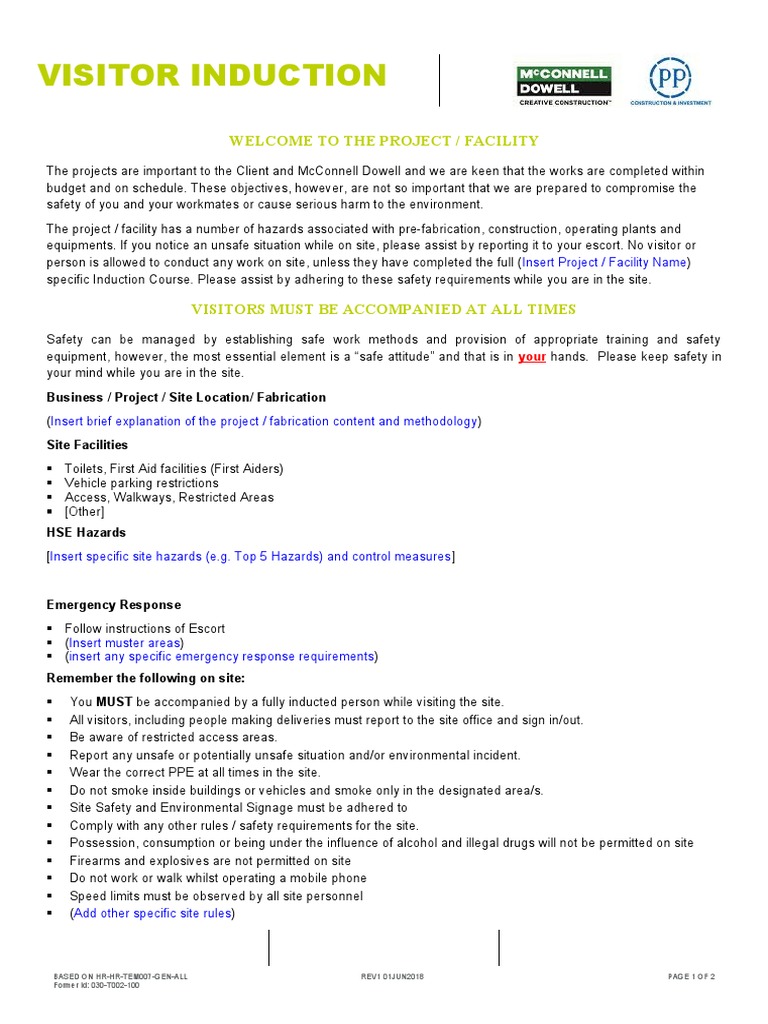 HR HR TEM007 GEN ALL Visitor Induction Rev1.0 | PDF | Emergency | First Aid