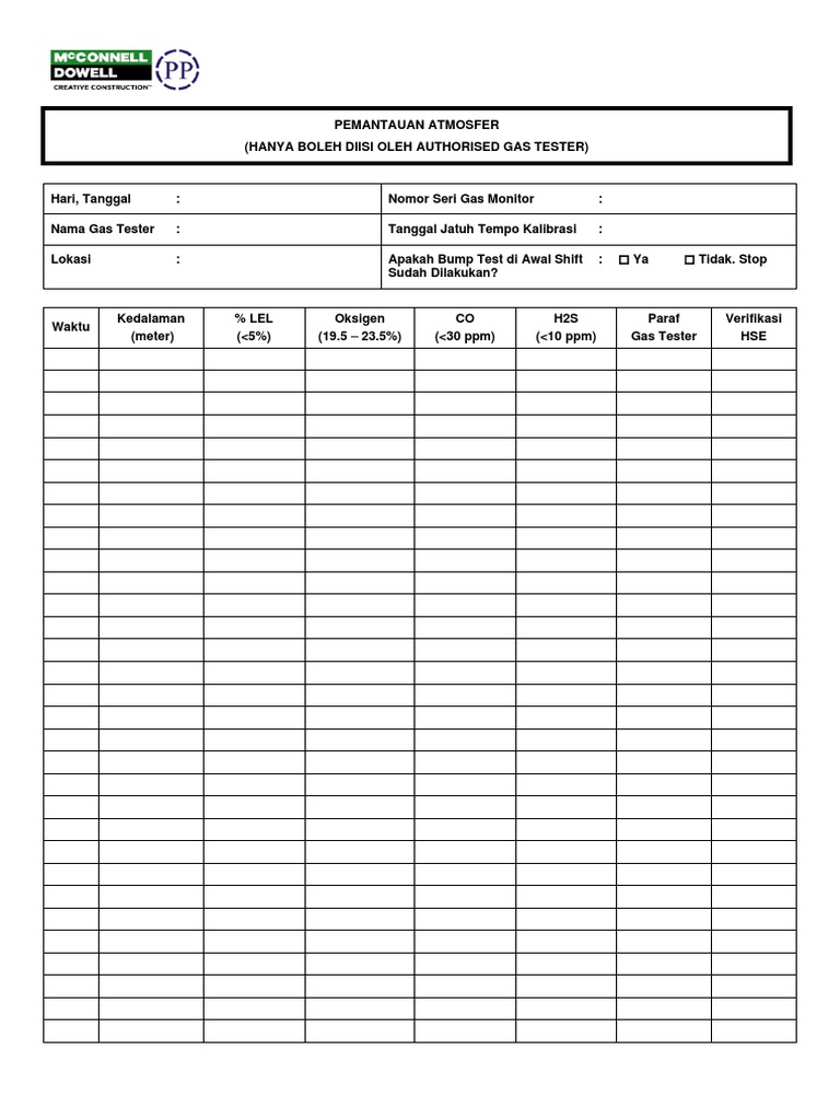 Form Pemantauan Gas Di Ruang Terbatas | PDF