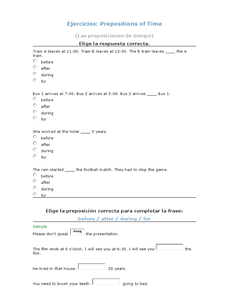 Ejercicios de Preposiciones de Tiempo | PDF | Language Arts & Discipline
