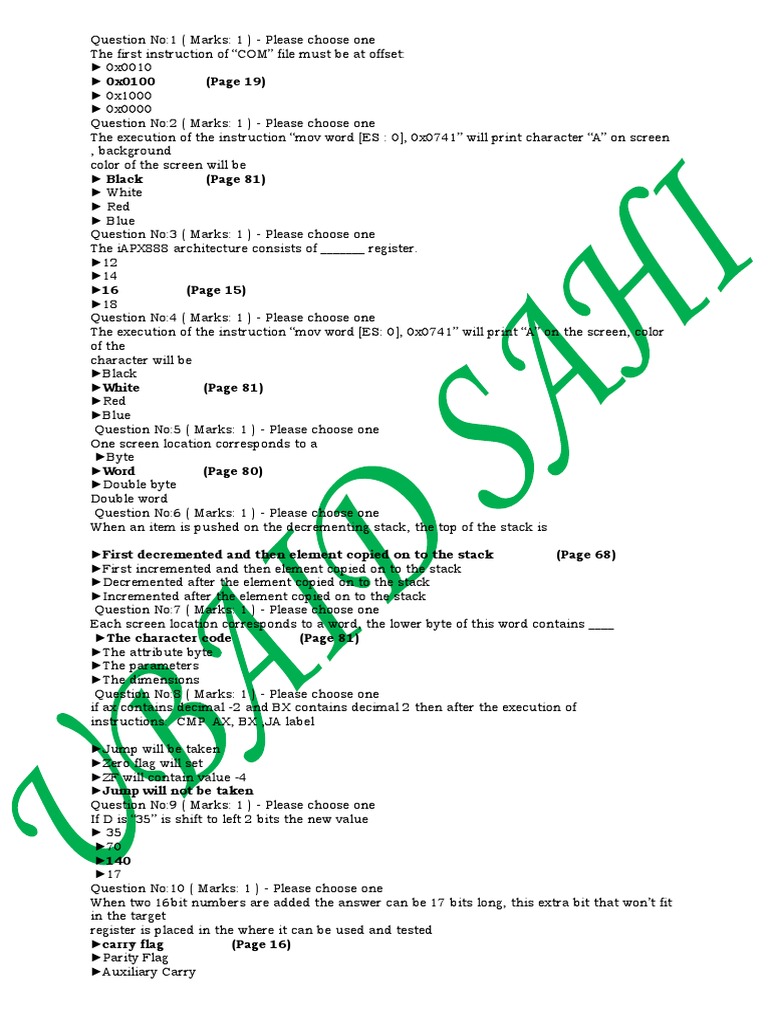 Cs401 Grand Quiz | PDF | Assembly Language | Bit