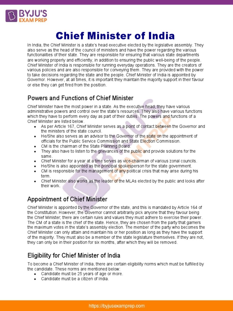 Chief Minister of India Upsc Notes 74 | PDF | Politics Of India ...