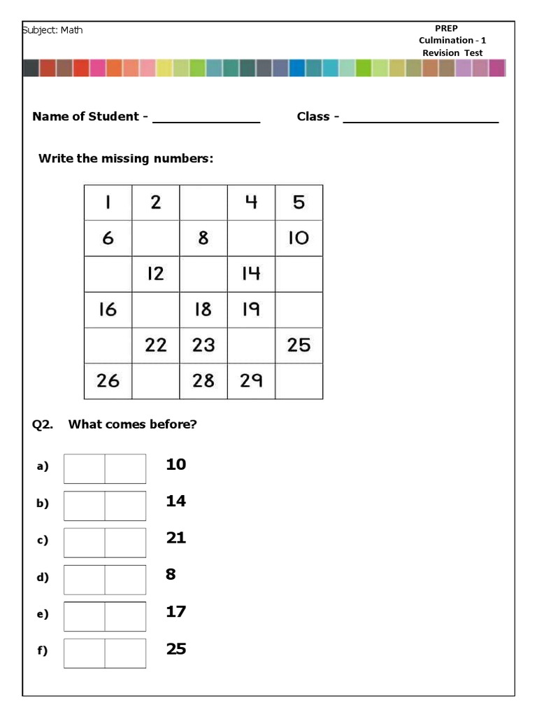 Prep Class Maths Test Paper | PDF