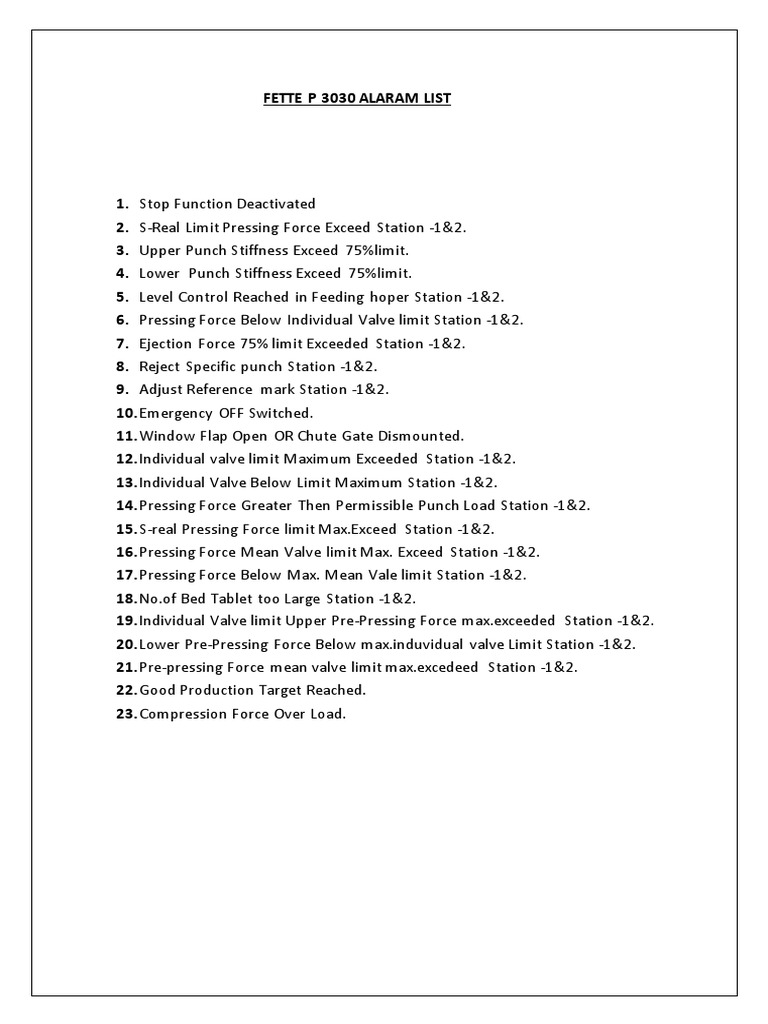 Fette P 3030 Alaram List | PDF