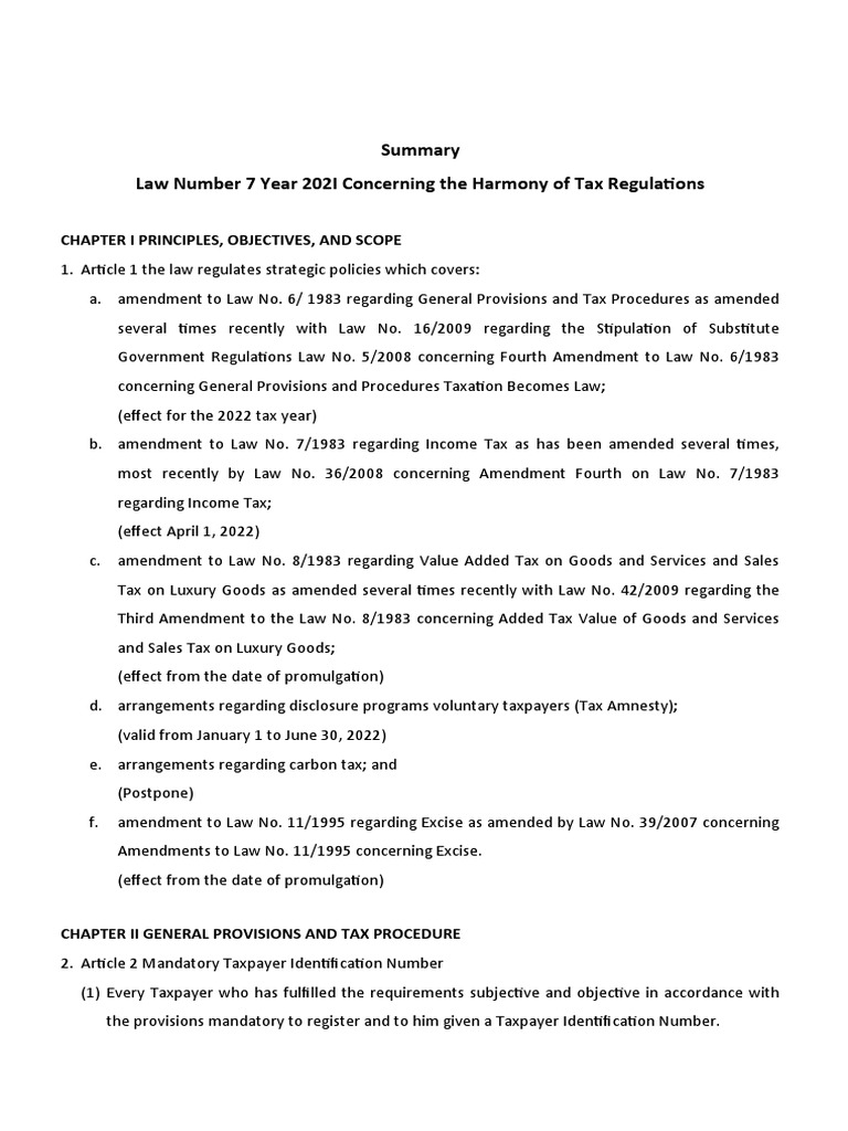Summary Law No. 7 - 2021 - Harmonize Regulations of Taxation | PDF ...