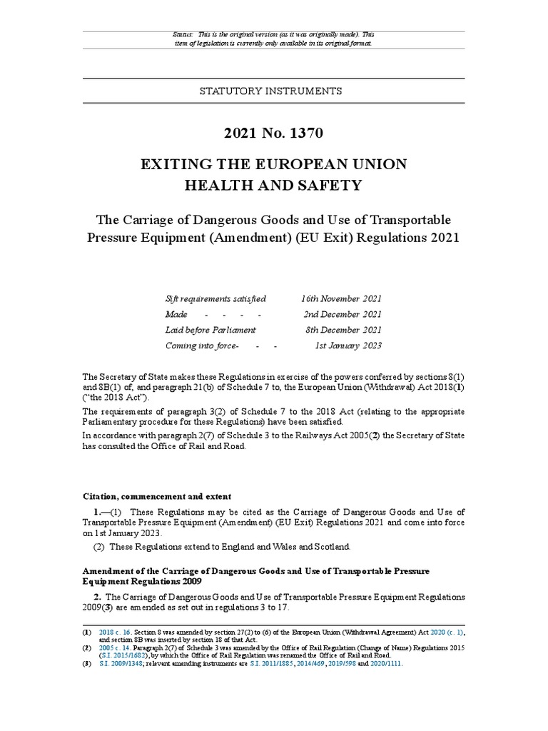 2021-1370 Carriage of Dangerous Goods Regulations and Use of ...