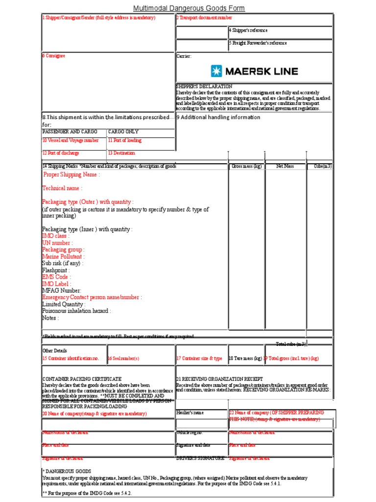 Multimodal Dangerous Goods Form | PDF | Dangerous Goods | Cargo