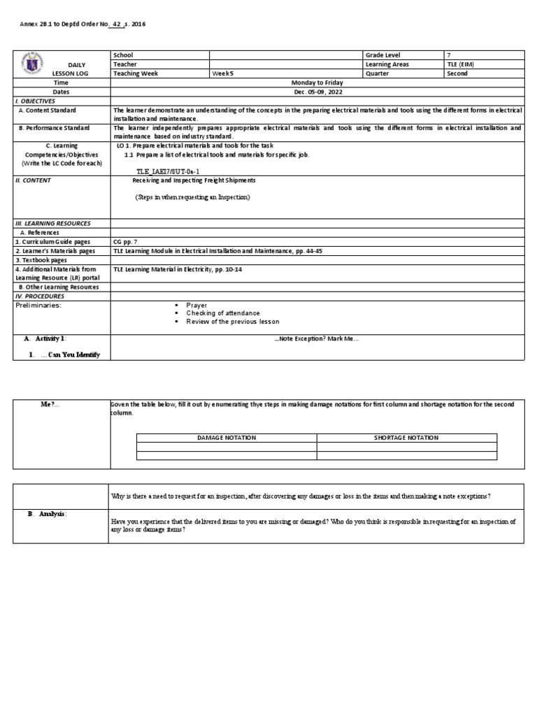Daily Lesson Log for TLE Grade 7 | PDF | Learning | Teachers