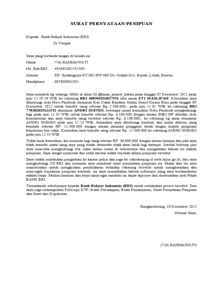 Surat Pernyataan Penipuan | PDF