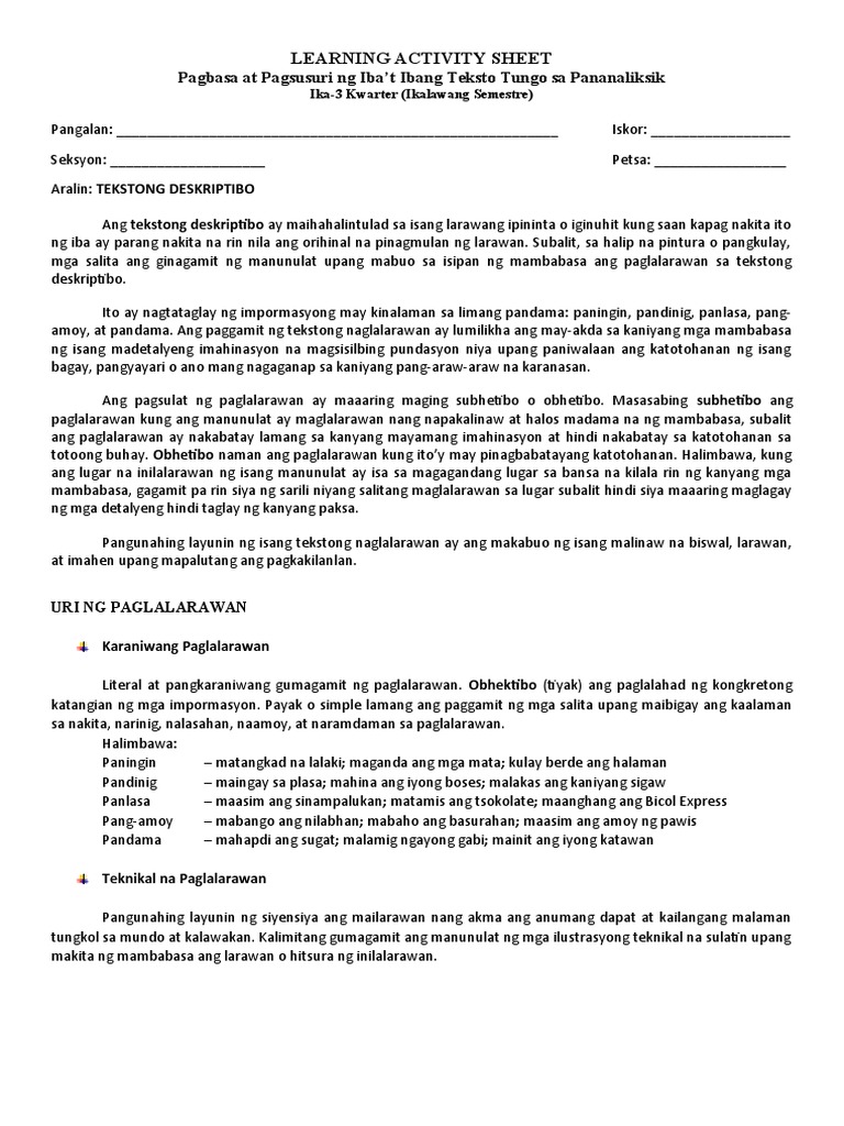 2 LAS - Tekstong Deskriptibo | PDF