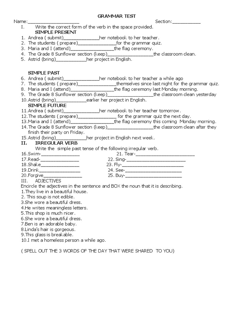 Grammar Test | PDF | Language Arts & Discipline | Home & Garden