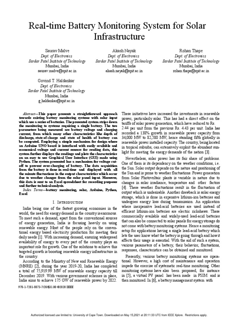 Real-Time Battery Monitoring System For Solar Infrastructure | PDF ...
