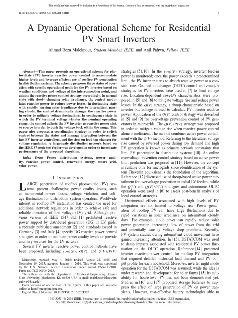 A Dynamic Operational Scheme For Residential PV Smart Inverters | PDF ...