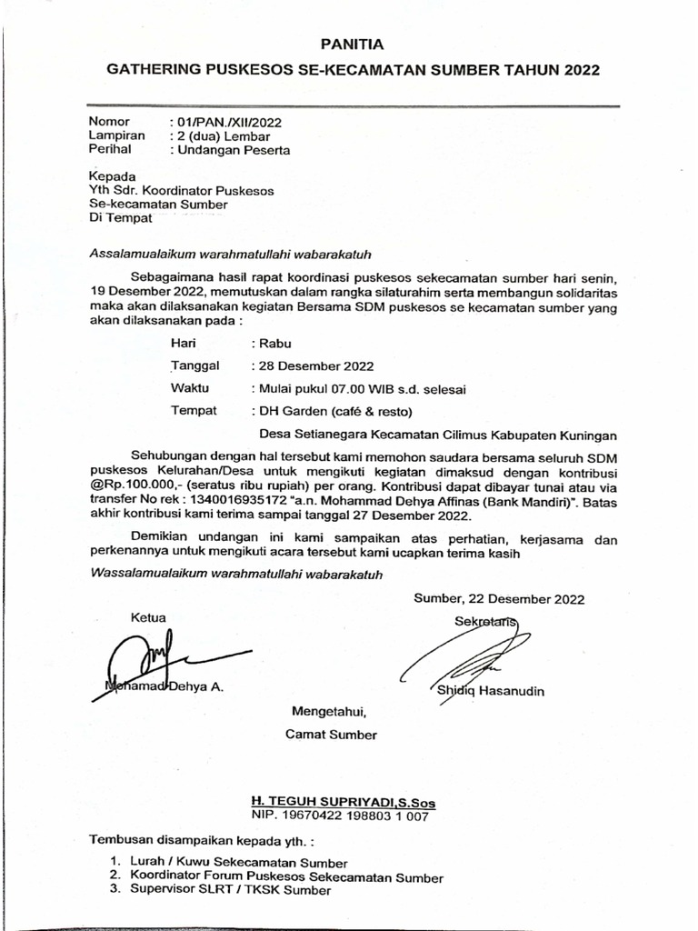 Undangan Gathering Puskesos Se-Kecamatan Sumber | PDF