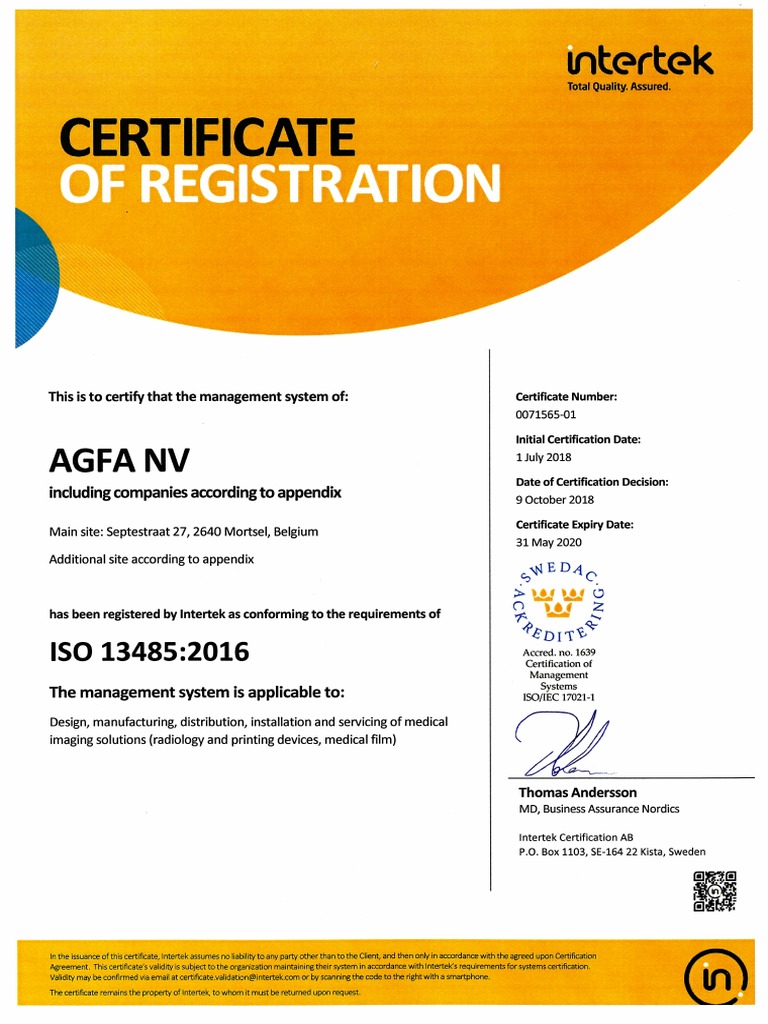 Agfa NV - Certificate ISO 13485 | PDF