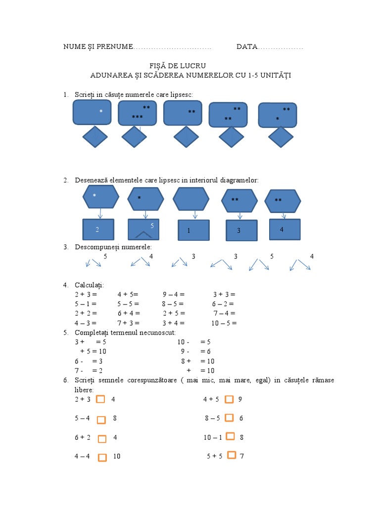0 Fisa de Lucru Adunarea Si Scaderea Numerelor Cu I5 Unitati | PDF