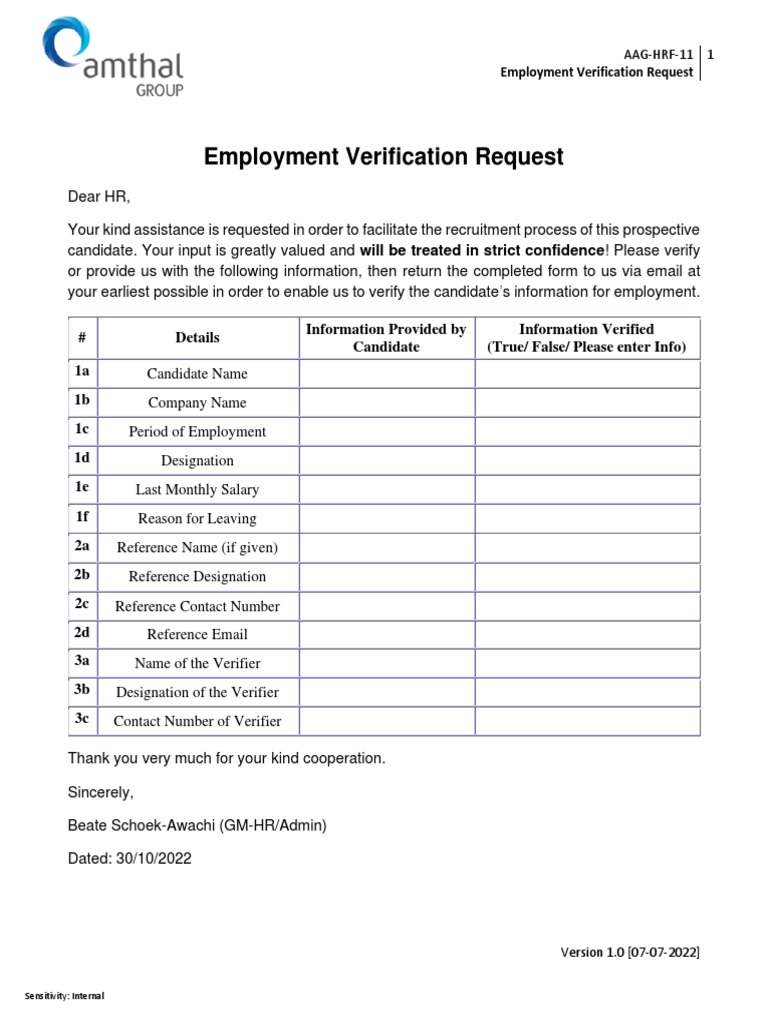 Employment Verification Request Form | PDF