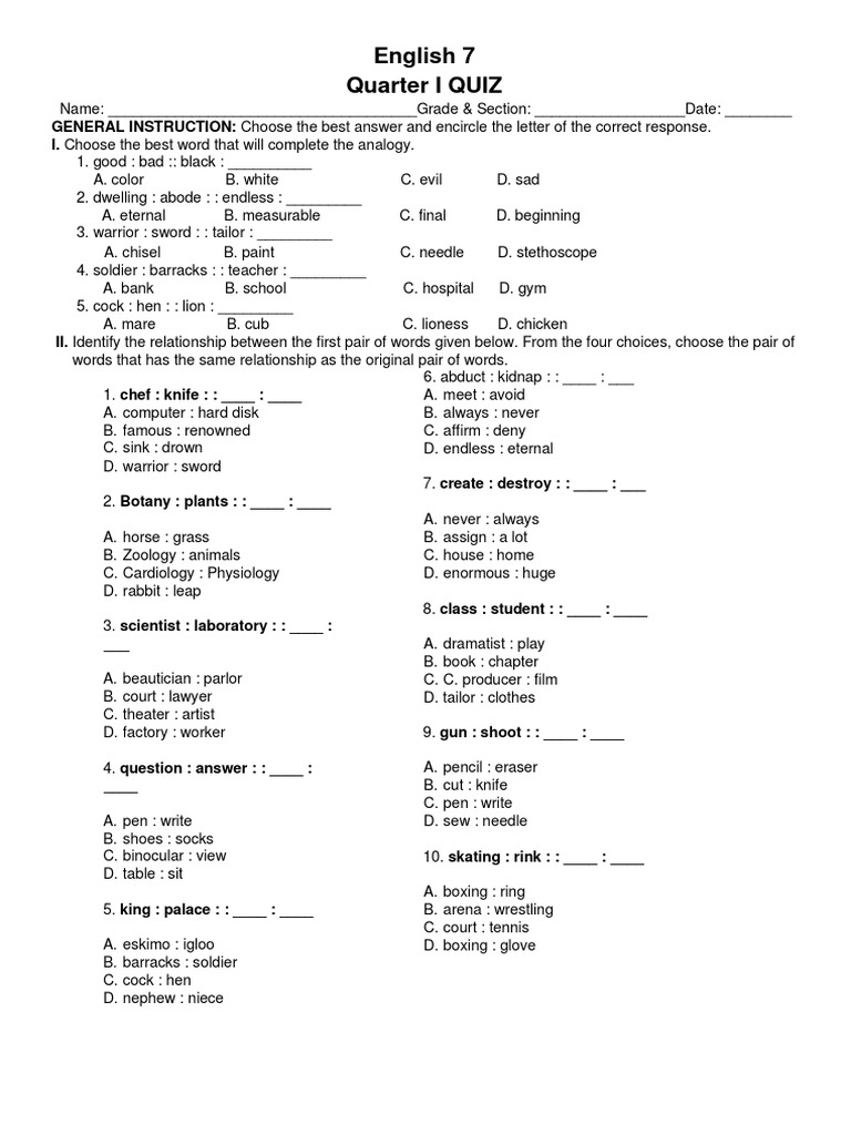 Grade 7 English Analogy Quiz | PDF | Language Arts & Discipline