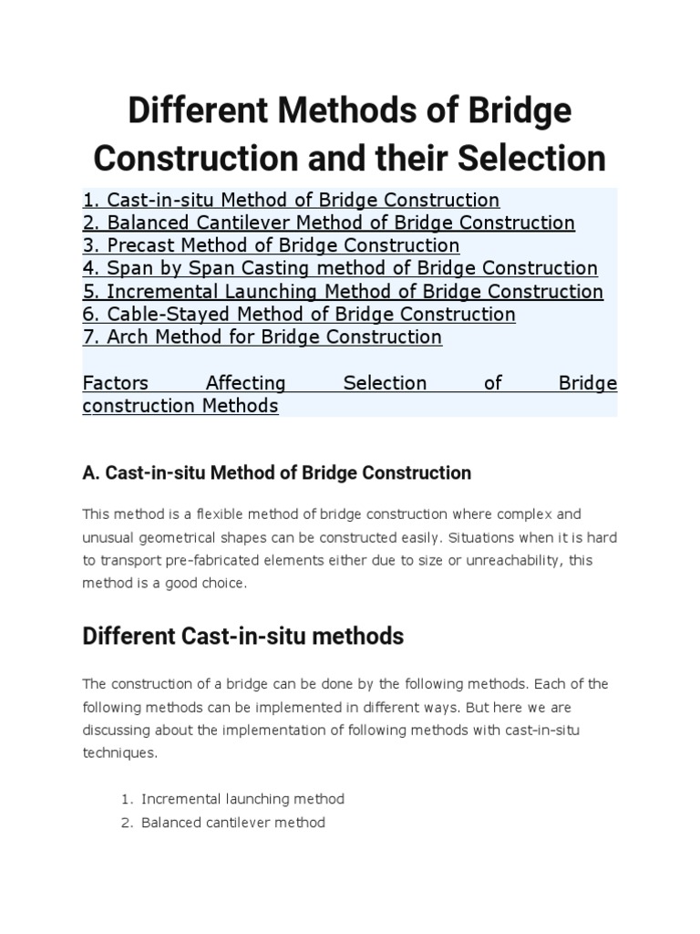 Different Methods of Bridge Construction and Their Selection (Printed) | PDF | Prestressed ...