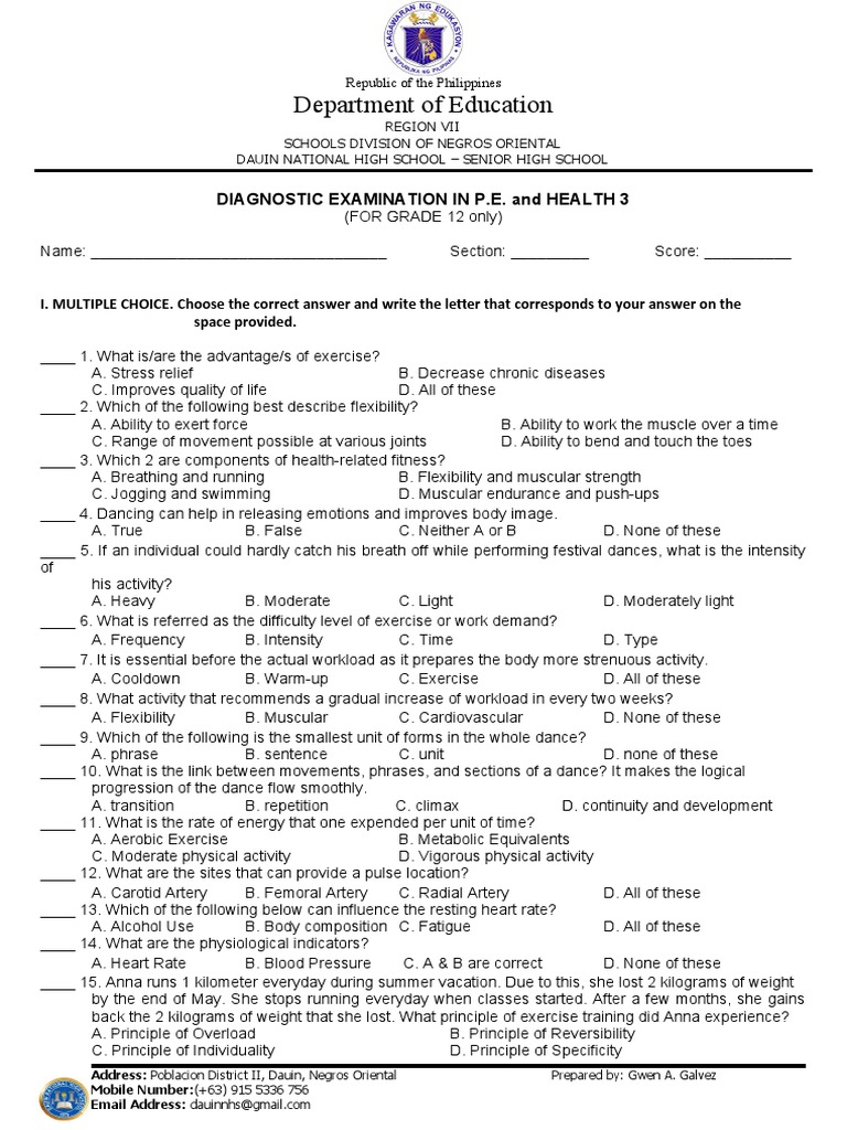 DIAGNOSTIC PE3 Final | PDF | Flexibility (Anatomy) | Physical Fitness