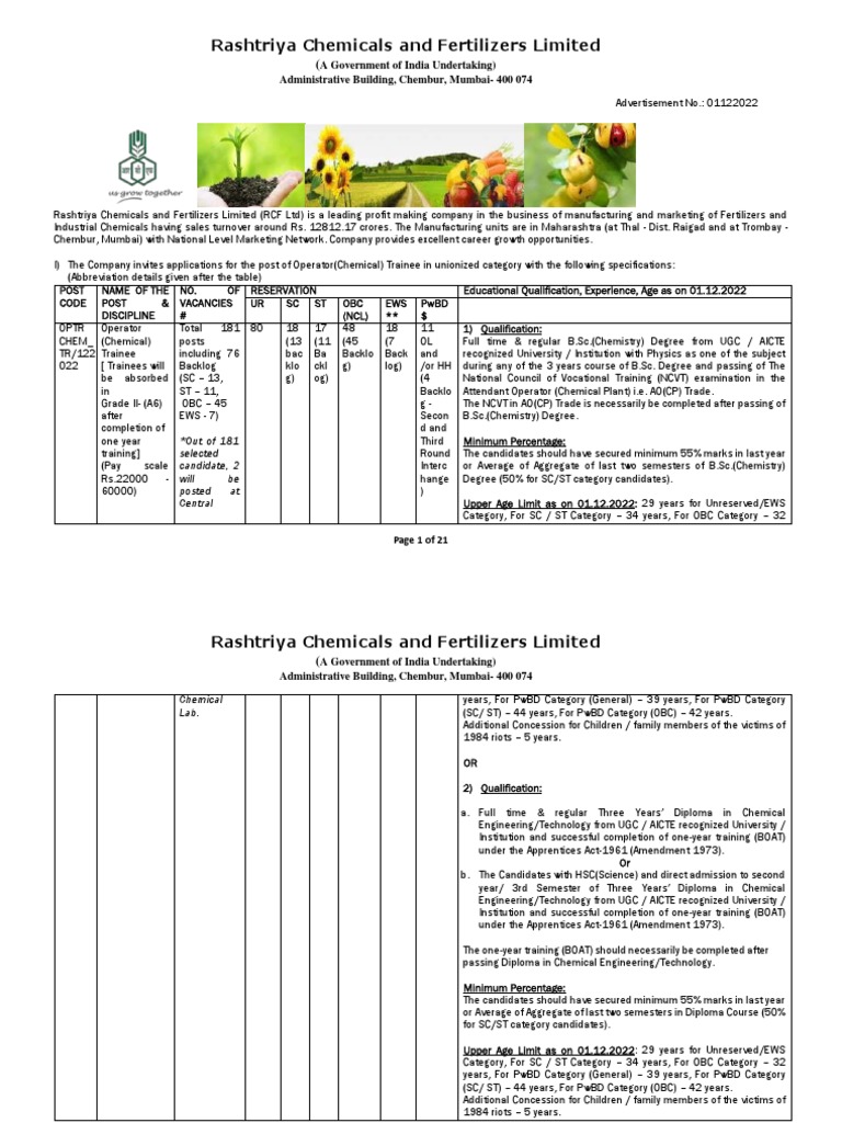 Operator (Chemical) Trainee - Advertisement | PDF | Identity Document ...