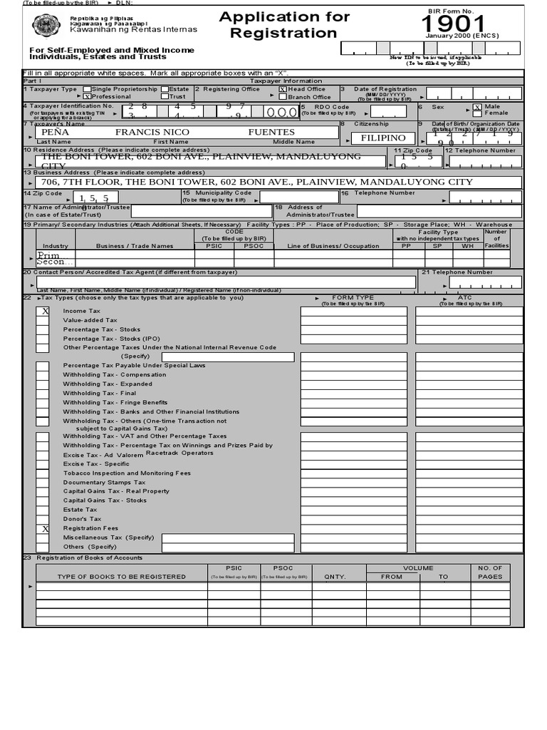 BIR Application For Registration FORM (1901) | PDF | Taxes | Capital ...