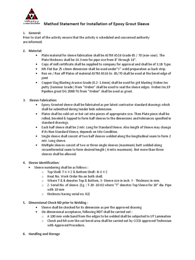 Method Statement For Installation of Epoxy Grout Sleeve | PDF | Construction | Welding
