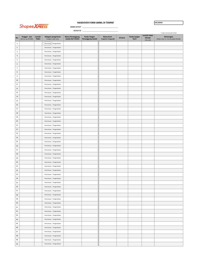 01 Formulir Serah Terima Paket Agen Shopee (Rev) | PDF