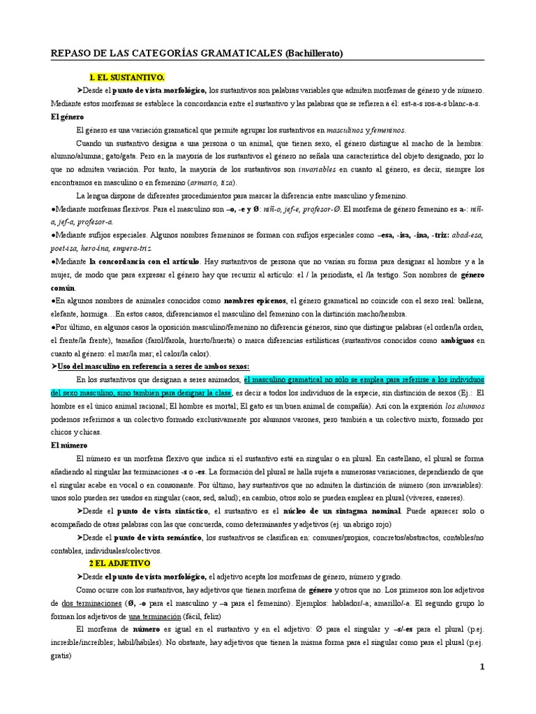 Repaso de Las Categorías Gramaticales (1º Bach) | PDF | Sustantivo | Adverbio